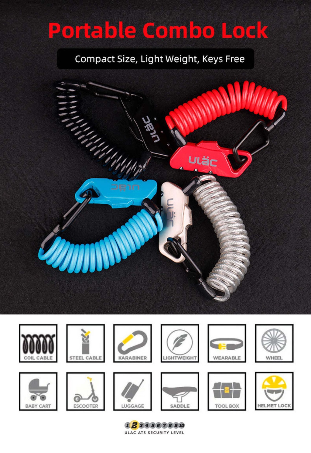 Cycling Combo Lock 3 Digits Combination Resettable Spiral Cable ...