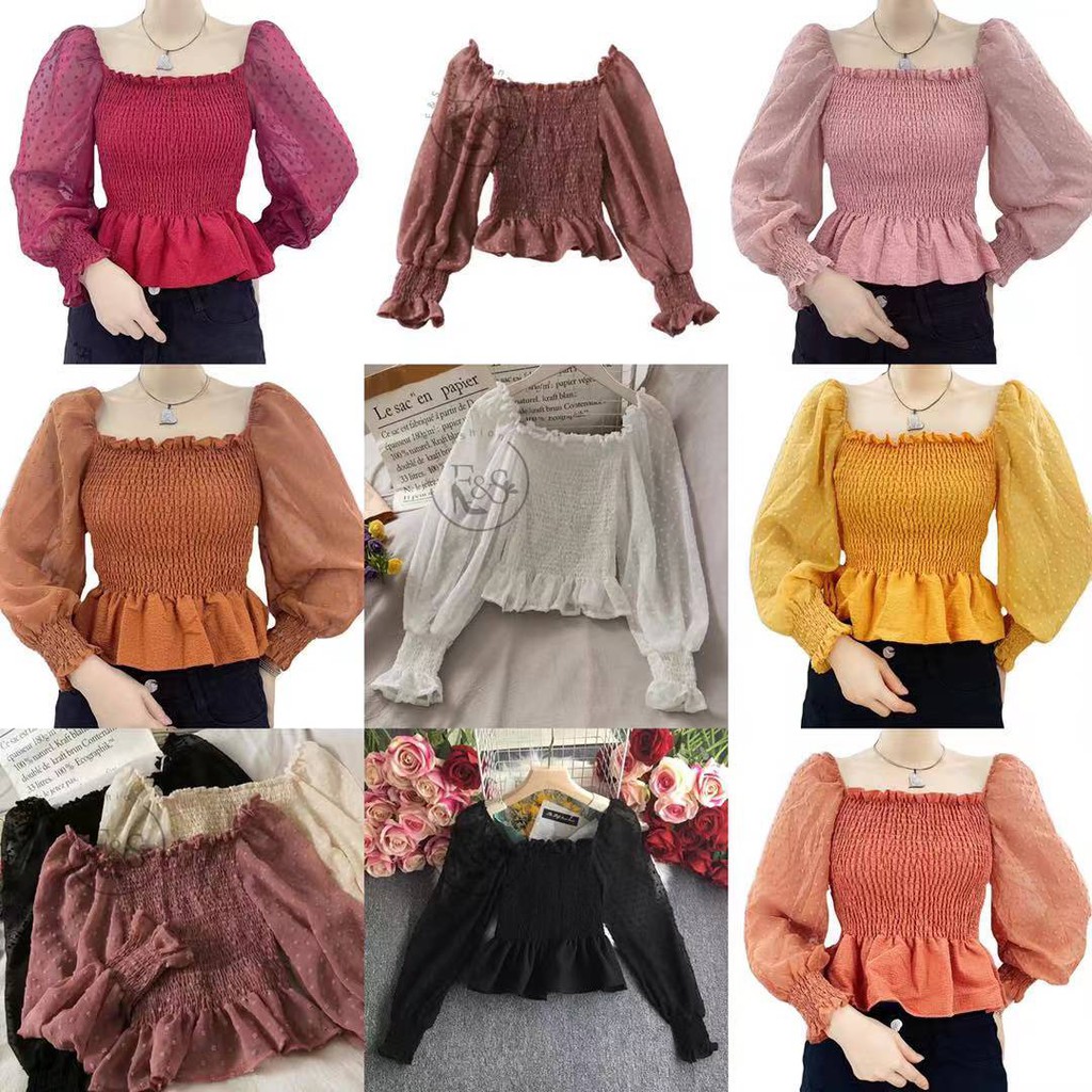 【Lucky girls】Women's Chiffon Lace Puff Sleeve smocked Tops 975 | Shopee ...