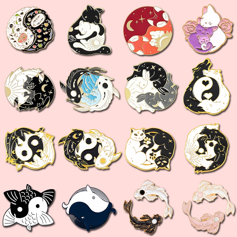 Tai Chi Black White Yin and Yang Enamel Pin Cartoon Fish Cat Animal ...