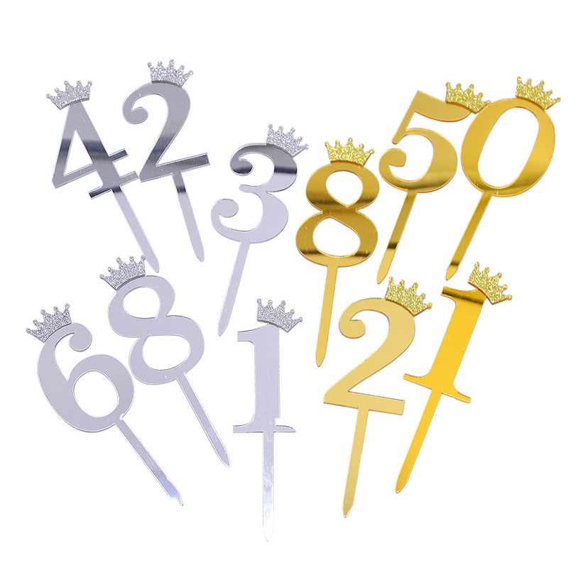 Number Cake Topper Gold Silver Crown Acrylic 0-9 Digital Birthday Party ...