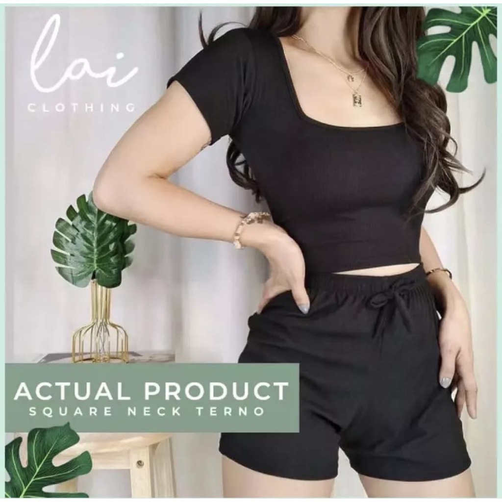 #196002 New Fashion Knitted Plain Square Neck Crop Top & Dolphin Short ...