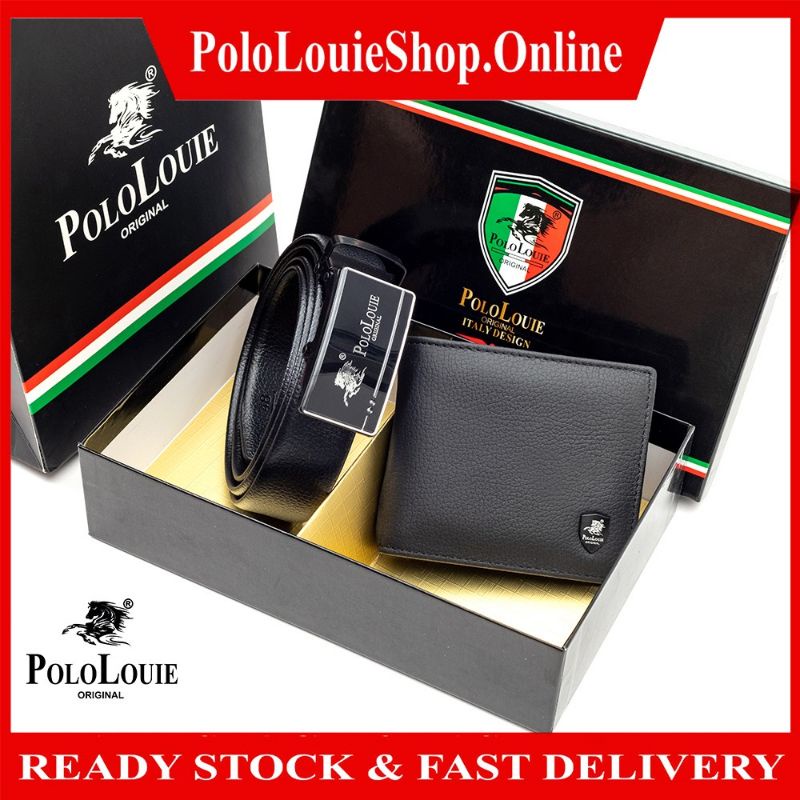 Polo Louie Men's Elegant Set Cow Leather Bifold Wallet Auto Gear Buckle ...