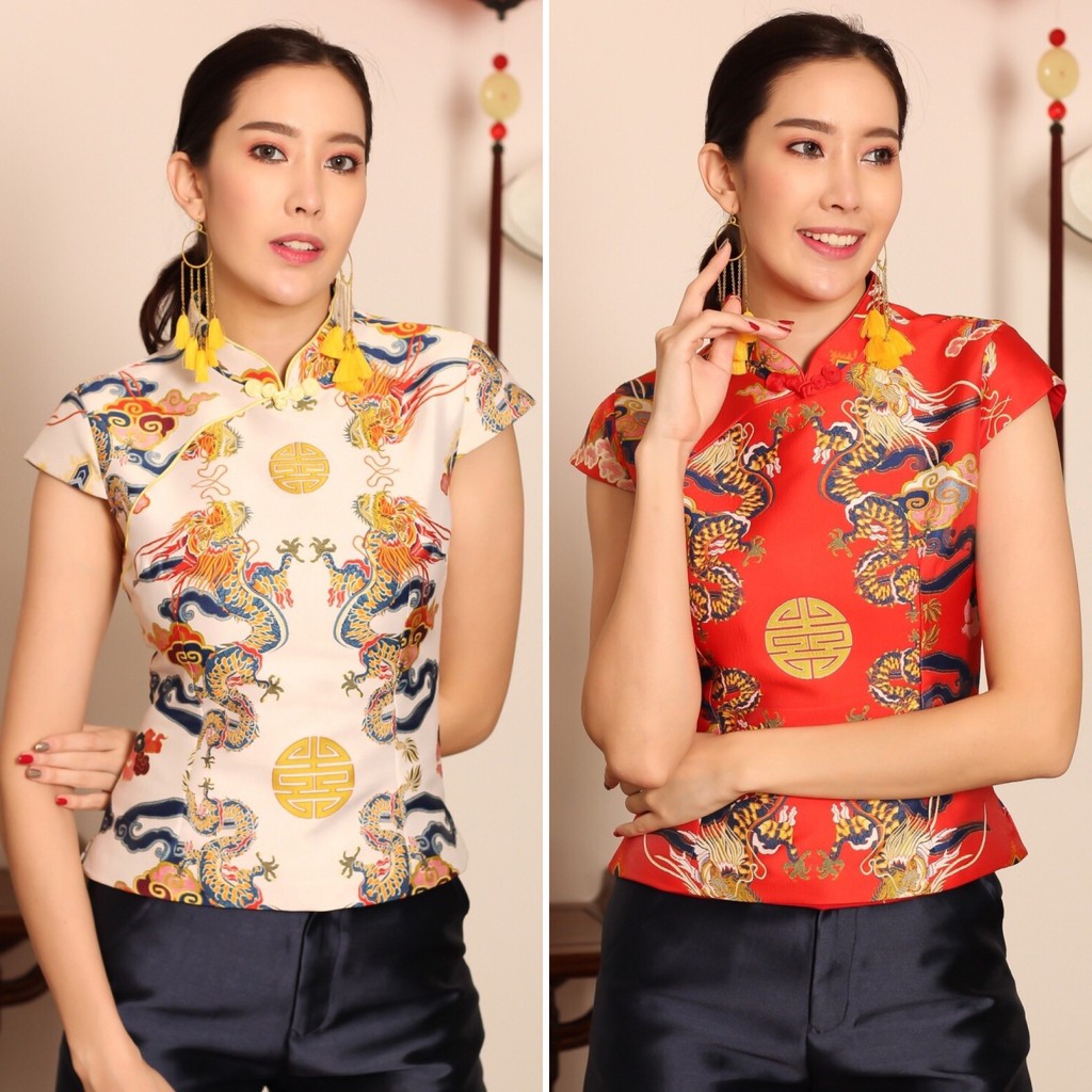 Dragon Pattern Cheongsam Shirt With Built-In Woven Fabric B12 | Shopee ...