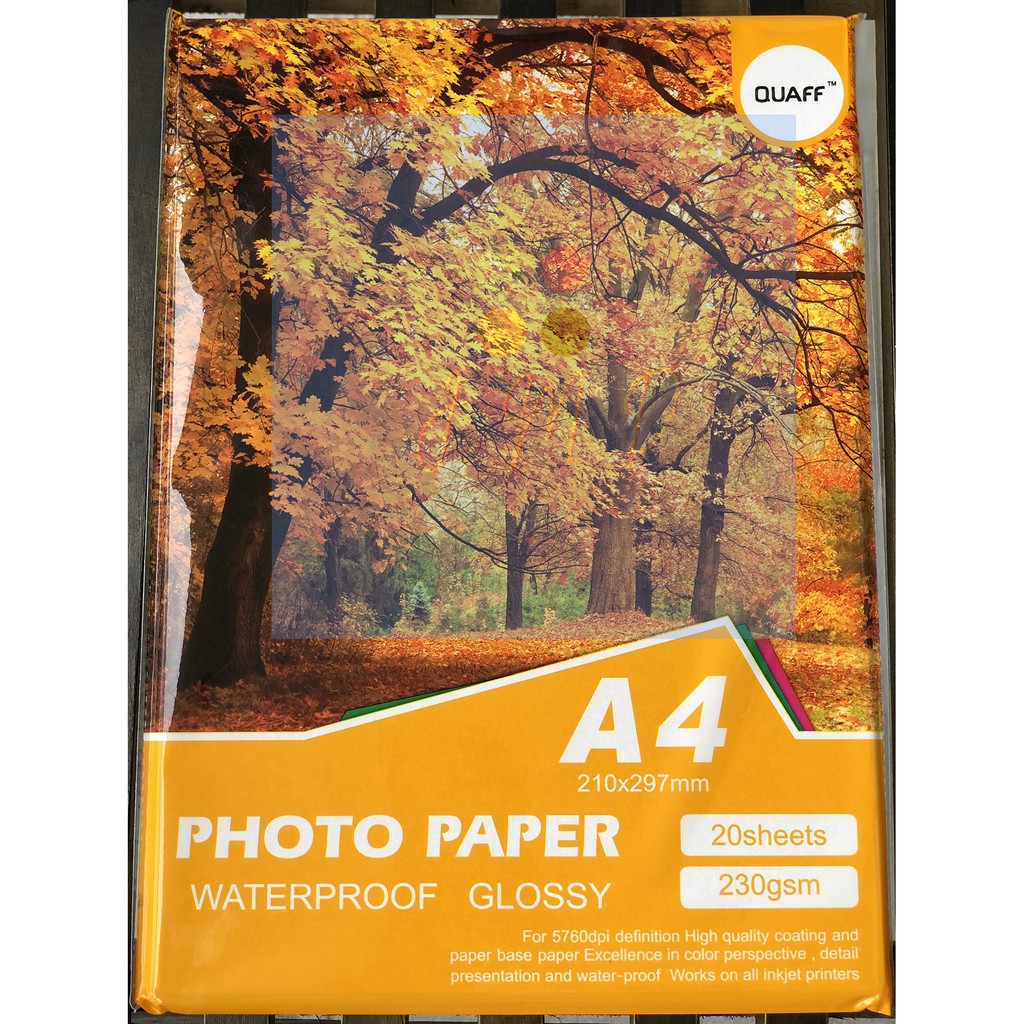 230GSM QUAFF Waterproof Glossy Inkjet Photo Paper A4 Size (20 sheets ...