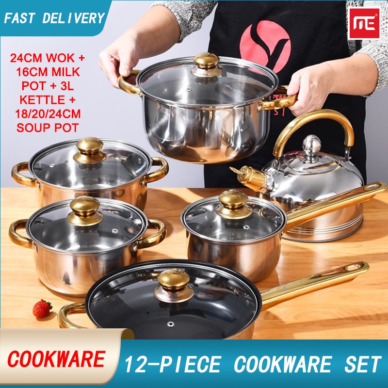 12PCS /set Stainless Steel Set Non Stick Cookware Flat Bottom Frying ...