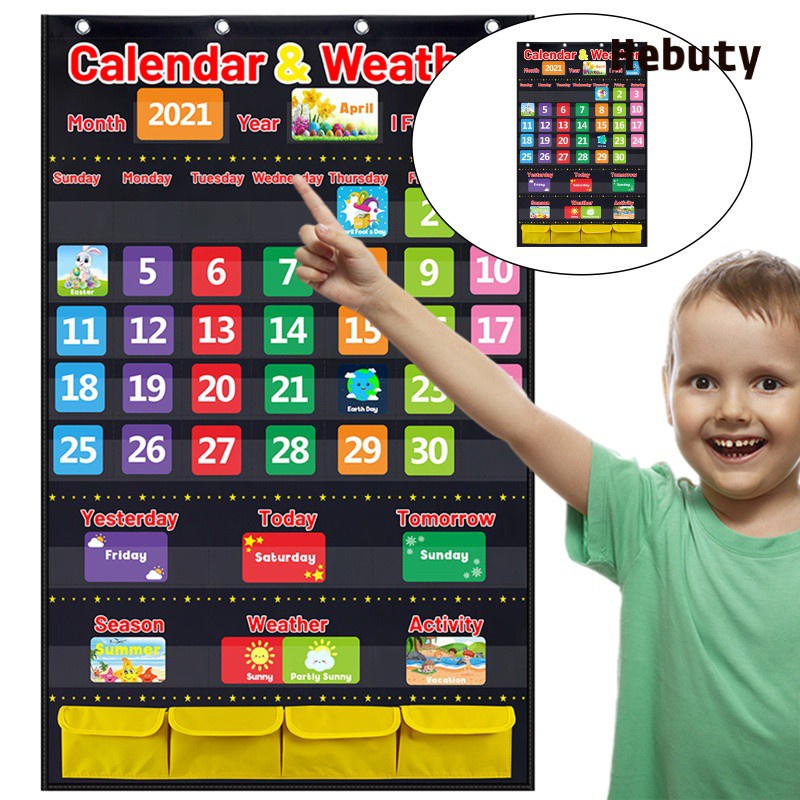 [ Calendar and Weather Pocket Chart Classroom Organizer with Hanging ...