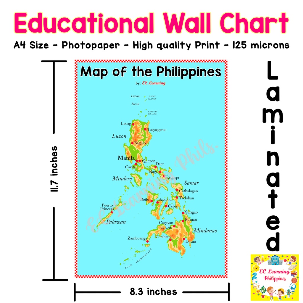 A4 PHILIPPINE MAP Laminated Educational Wall Charts for kids | Shopee ...
