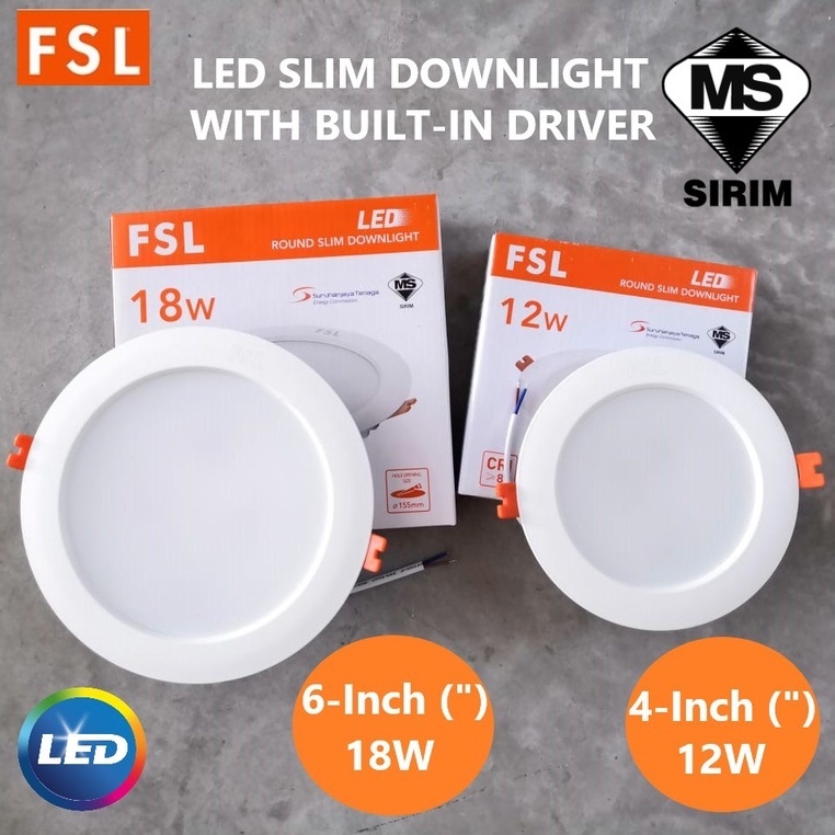 SIRIM FSL 4"12W / 6"18W LED Slim Downlight with Built-In Driver, Daylight (6500K) / Cool White ...
