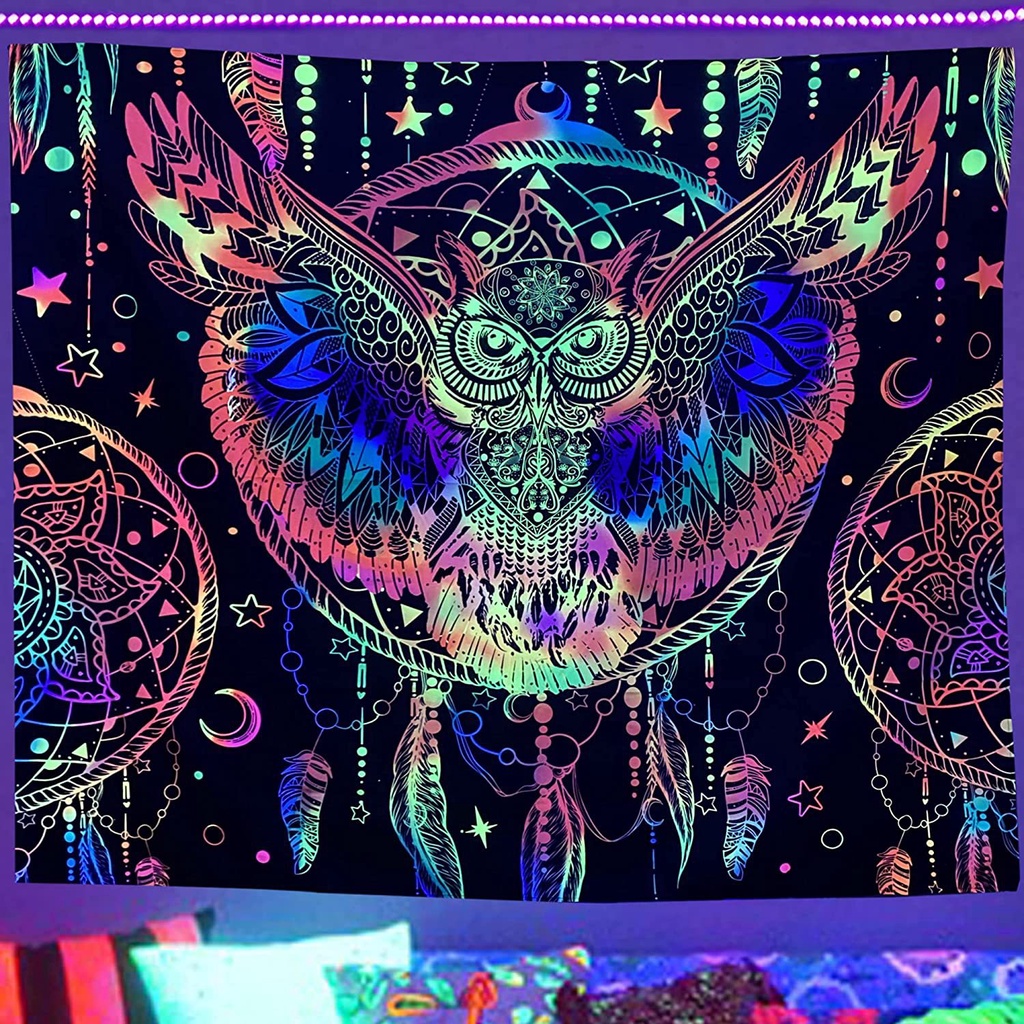 Fluorescent Tapestry uv Luminous Owl Wave Oval Tree Of Life Room ...