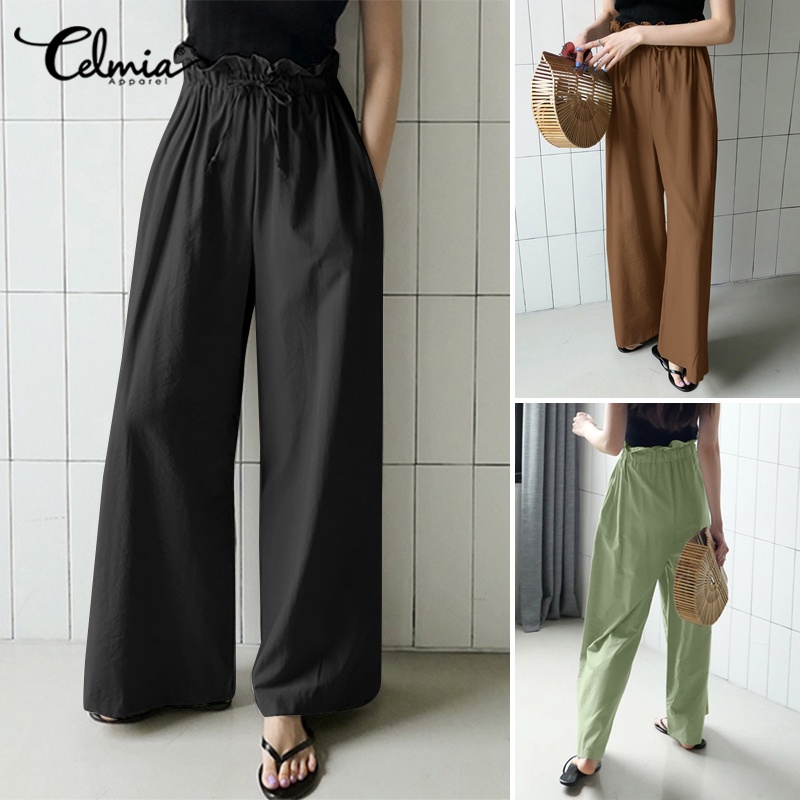 Celmia Women Wide Leg Pants Drawstring Elastic High Waist Cotton Casual ...