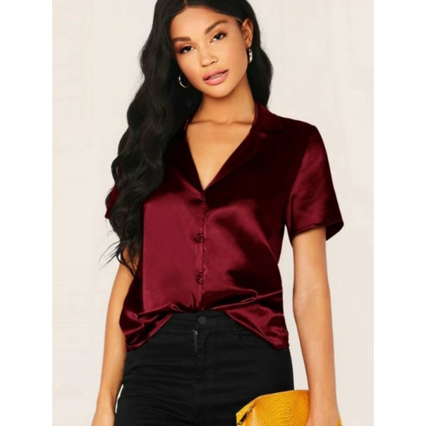 Short Sleeve Red Silk Shirt (2hand) | Shopee Philippines