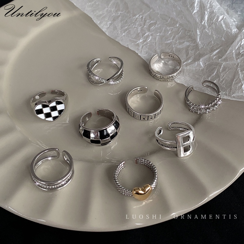 YEEZII Retro Fashion Heart Cutout Silver Ring Set Black Gem Tick Logo ...