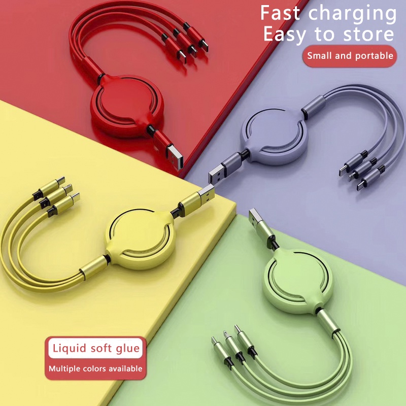 3 in 1 Liquid Silicone Cable Retractable Charging Wire For iPhone ...