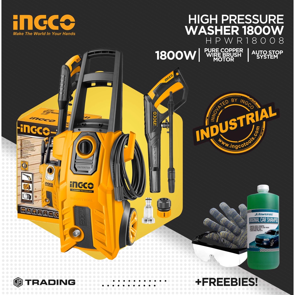 INGCO High Pressure Washer 1800W Pure Copper Auto Stop System High Quality With FREEBIES♦JF ...