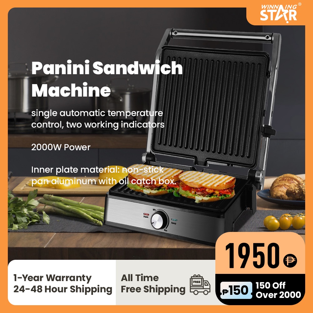 Winning Star Panini Press Grill Sandwich Maker Non-Stick Plates Degrees ...