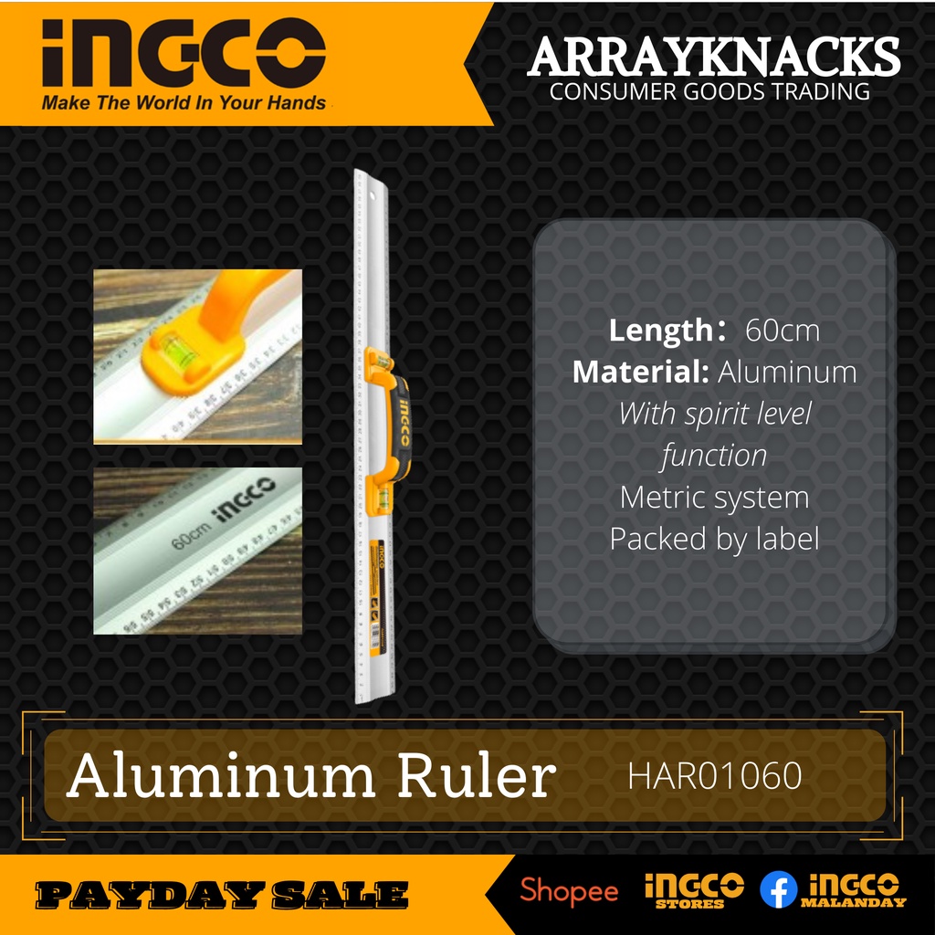 INGCO Aluminum Ruler (HAR01060) 60CM HANDTOOLS | Shopee Philippines