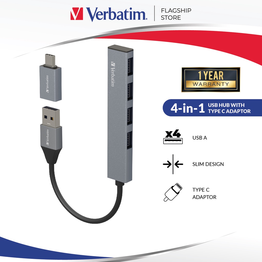 Verbatim HUB-66753 USB 2.0 Hub USB-A With Type-C Connector 4 Port ...