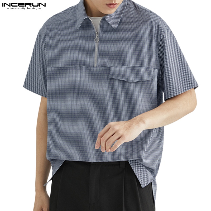 INCERUN Men Fashion Short Sleeve Chest Pocket Zipper Up Casual Polo ...