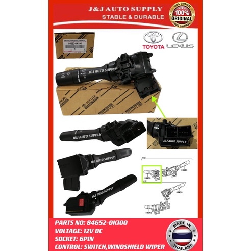 84652-0K100 TOYOTA PARTS WIPER SWITCH 6PIN FOR USE ON: TOYOTA HILUX ...