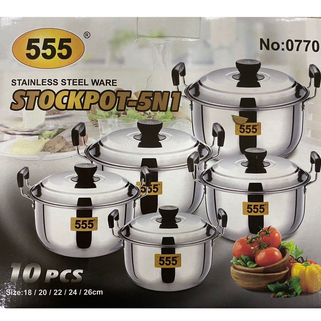 -555 STAINLESS STEEL WARE stockpot 18cm - 26cm 5in1 COOKEWARE SET 10pcs ...