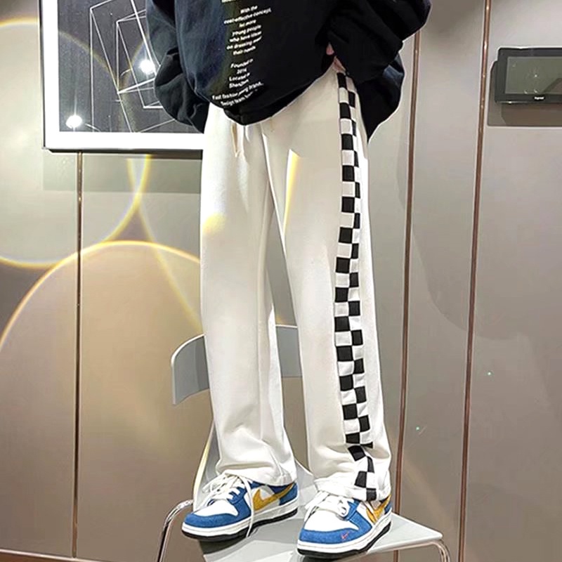 Women's wide-leg jogger pants with checkered stripes, unisex, thick ...