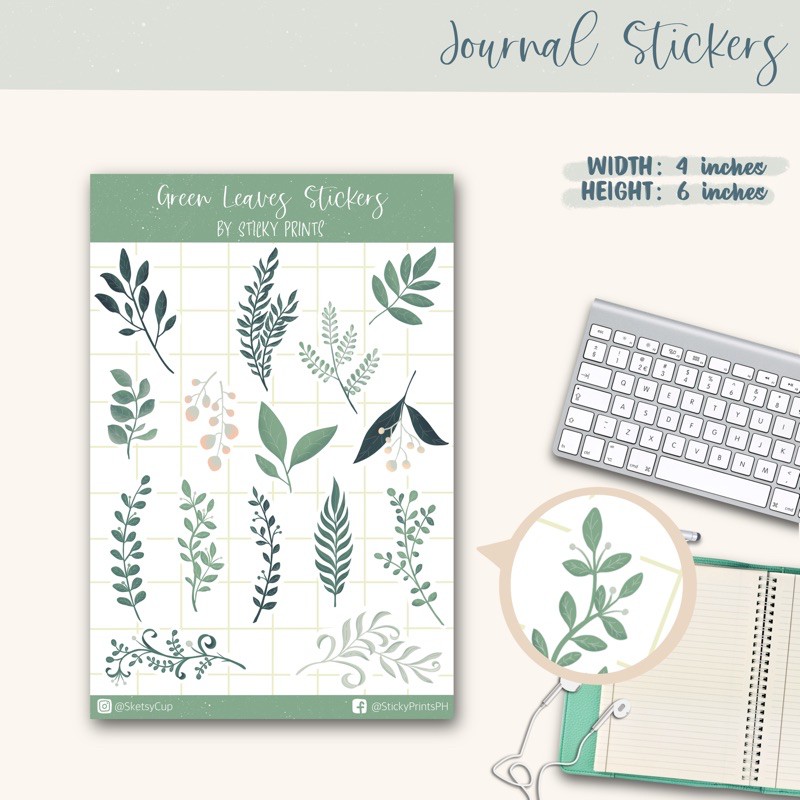 Journal Sticker | Green Leaves Sticker Sheet | Handdrawn | Planner ...
