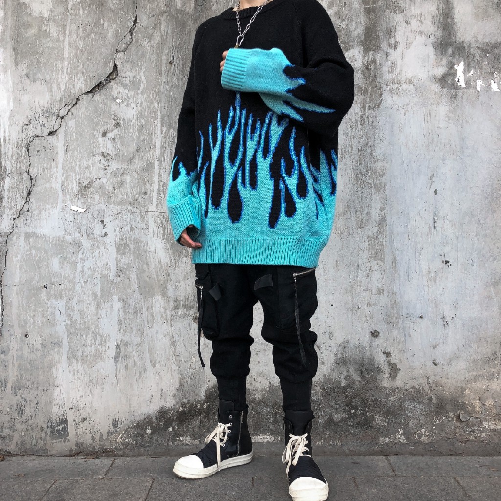 Dark Icon Blue Flame Crew Neck Knitwear Jacquard Men's Hip Hop Pullover ...