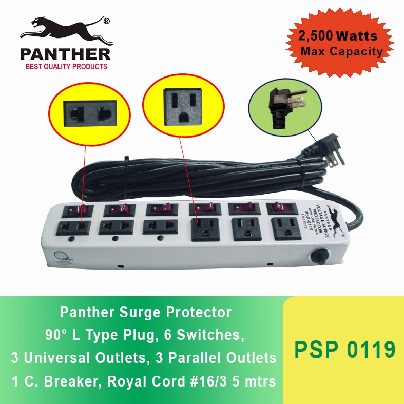 Panther PSP 0119 Extension Cord w/ Voltage Surge Protector 6 Outlets w ...