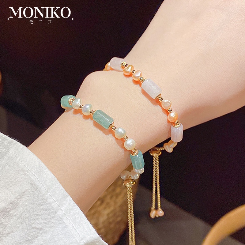 MONIKO Plated 18K Gold Real Natural Freshwater Pearl Jade Bracelet ...