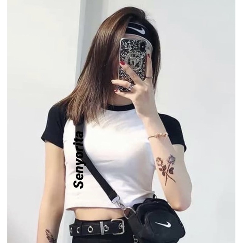 Senyorita Plain Two Tone Raglan Basic Crop Top Tee Shopee Philippines