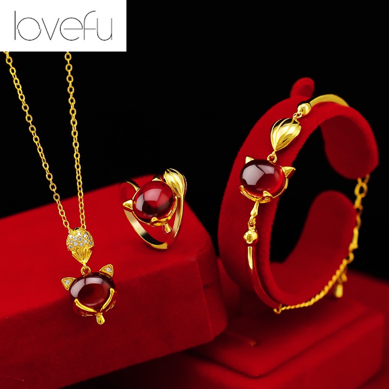 Original 18k Saudi gold pawnable red fox necklace bracelet ring three ...