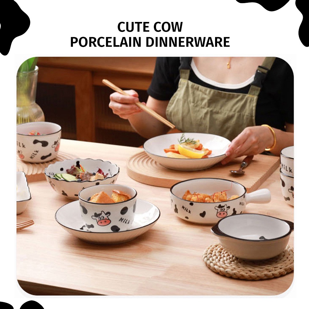 LOCAUPIN Cute Cow Design Porcelain Dinnerware Dumpling Plate Soup Bowl ...