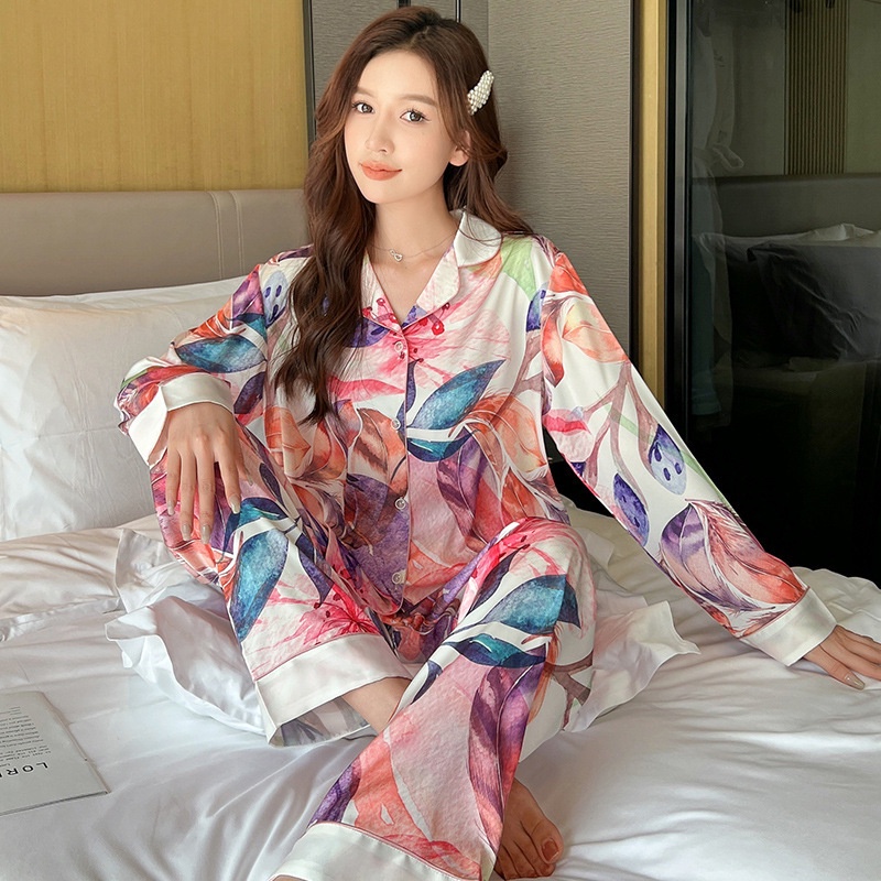 Women And Ice Silk Long Sleeve Suit Pajama Print | Shopee Philippines
