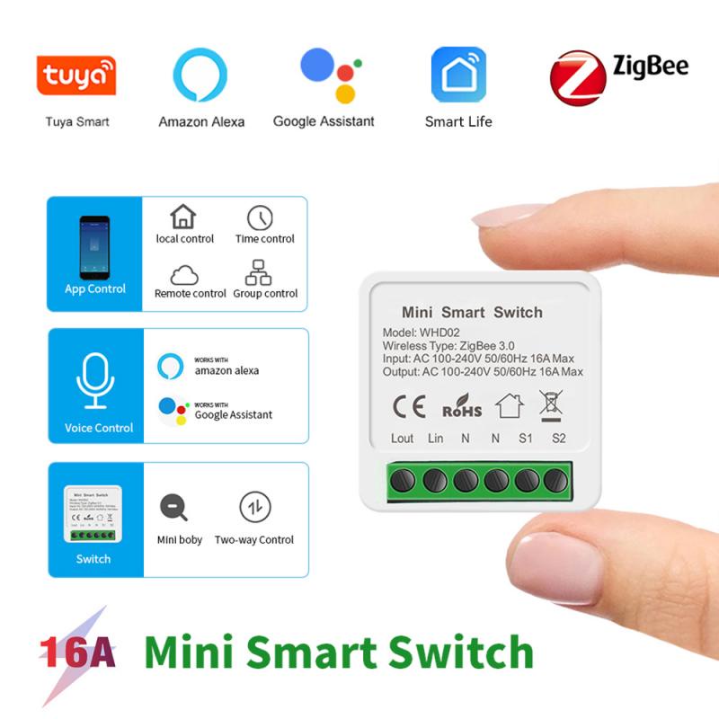 Tuya ZigBee Mini Smart Switch 16A 2 Way Control Smart Home Automation Module Power Switch Work ...