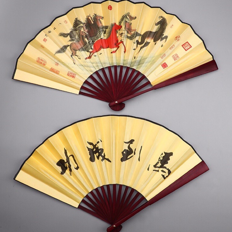 Ancient fan with wooden slats, Khang hi calligraphy fan with 2-sided ...