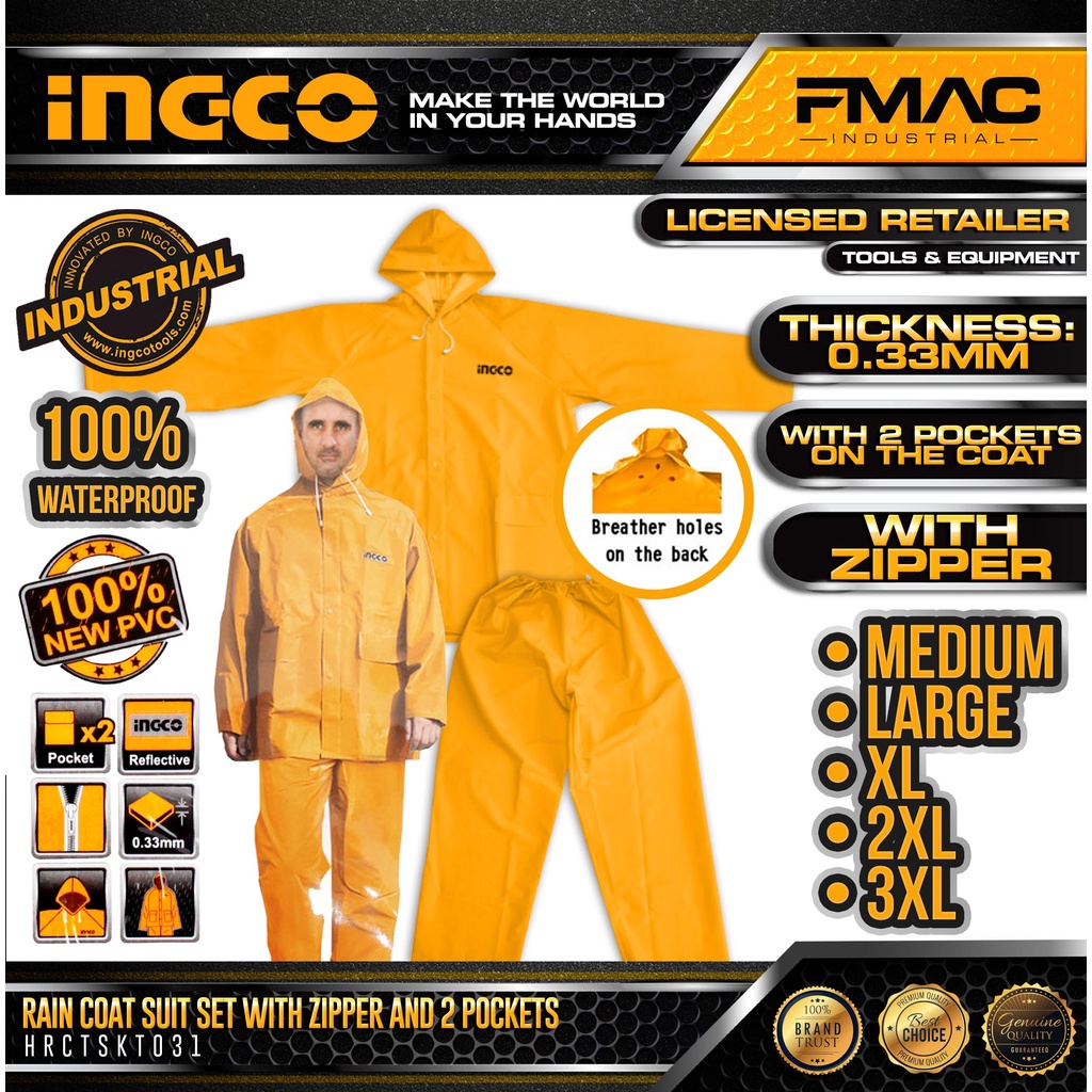 INGCO Industrial Rain Suit Coat Set Jacket and Pants with Zipper and 2 ...