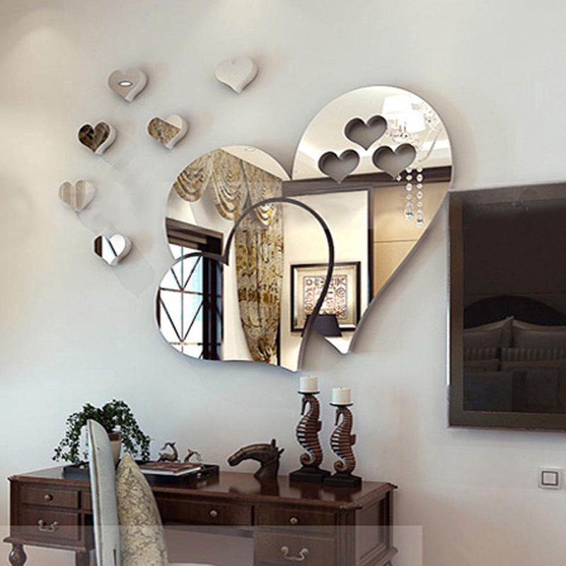3D Heart Mirror Wall Sticker DIY Bedroom Acrylic Home Decor Three ...