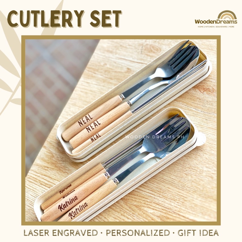 Personalized Wooden Cutlery Set | Spoon Fork Chopsticks Case (Laser ...