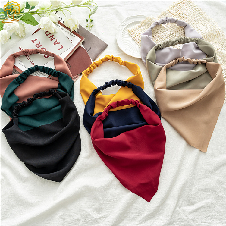 Pure color chiffon triangle scarf headband elastic band turban all ...
