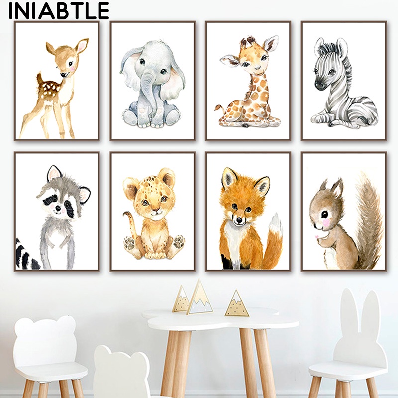 Elephant Giraffe Zebra Rabbit Tiger Animal Posters Prints Nursery Wall ...