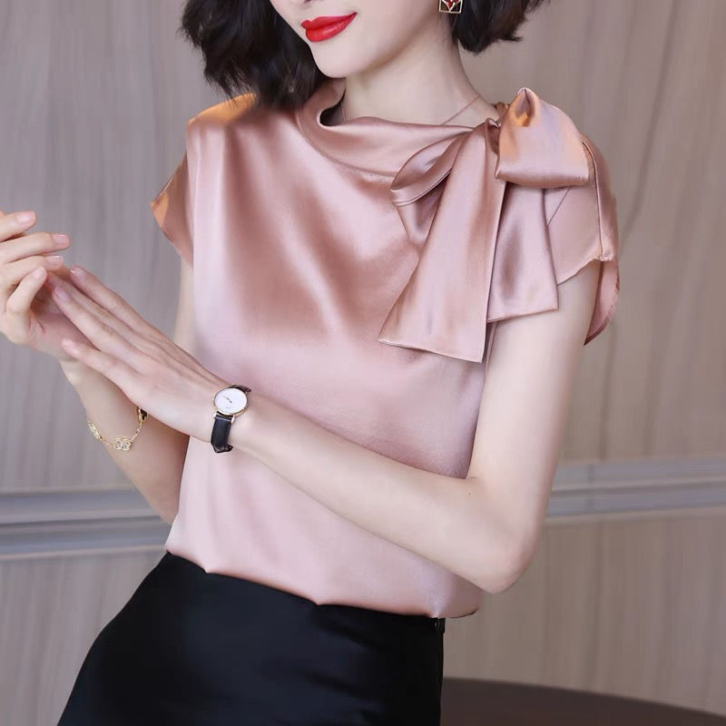 High-end satin shirt women's 2021 summer new bow elegant chiffon shirt ...