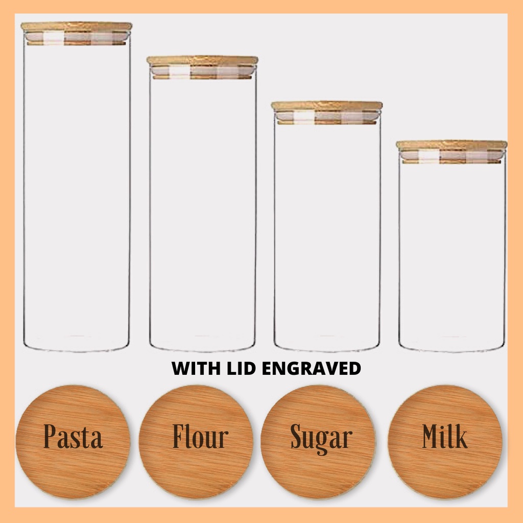 (LASER ENGRAVED) Borosilicate Glass Jar with Bamboo Lid Storage ...