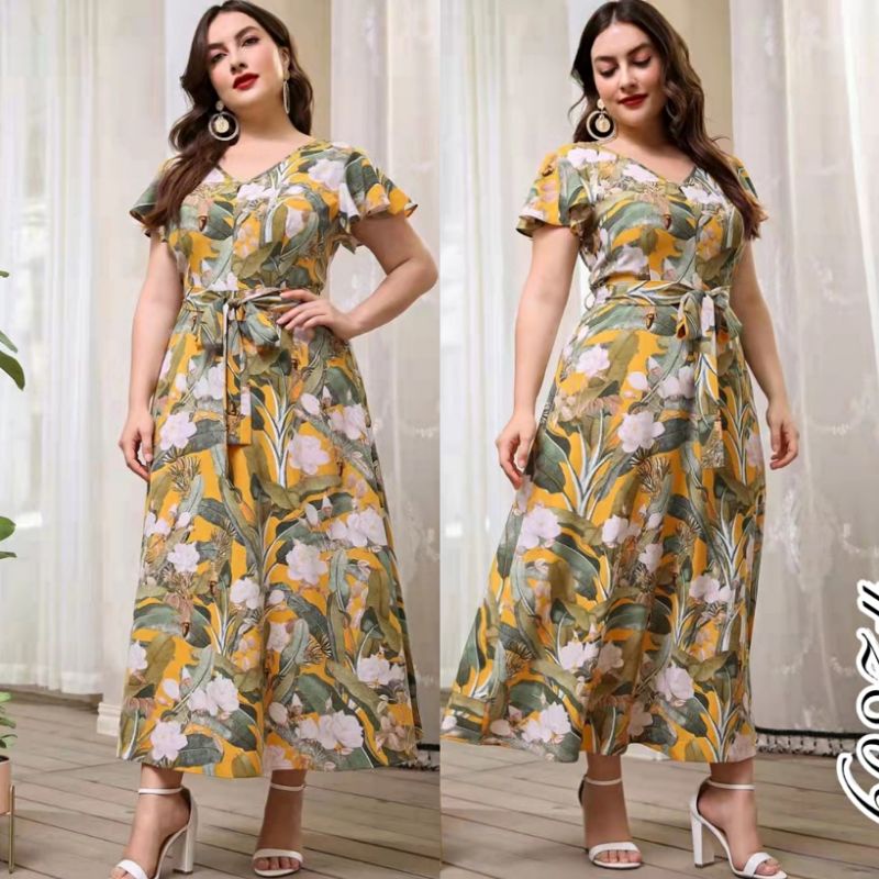 queenfashion Plus size Floral Maxi Dress Long Dress(fit to XL) | Shopee ...