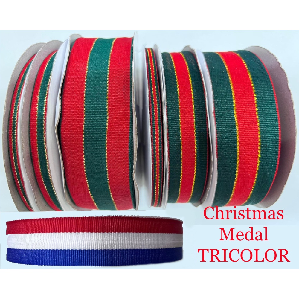 Christmas Stripes Tricolor Three Color Red Green Ribbon Grosgrain 1/4 1 ...