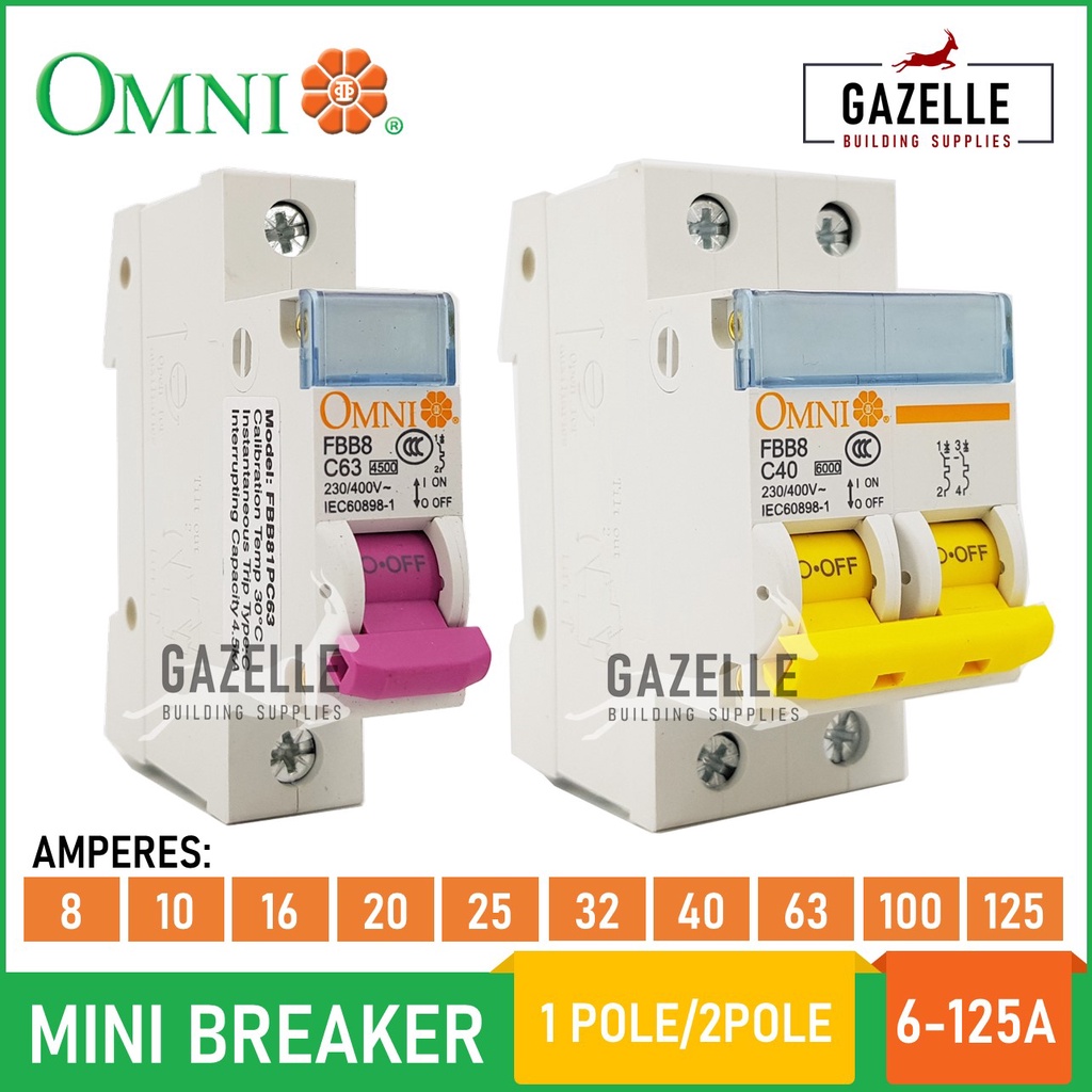 Omni Mini Breakers Circuit Breakers DIN Rail Type 230/400V AC - 6A /10A /16A /20A /25A /32A /40A ...