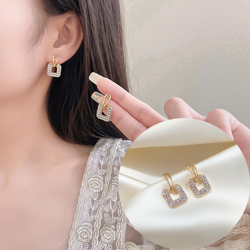 Simple Geometric Square Full Diamond Mini Earrings Fashion All-match ...