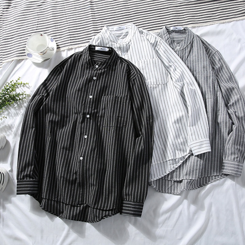 Summer Youth Striped Shirt Mens Korean Style Loose Long Sleeve Shirt