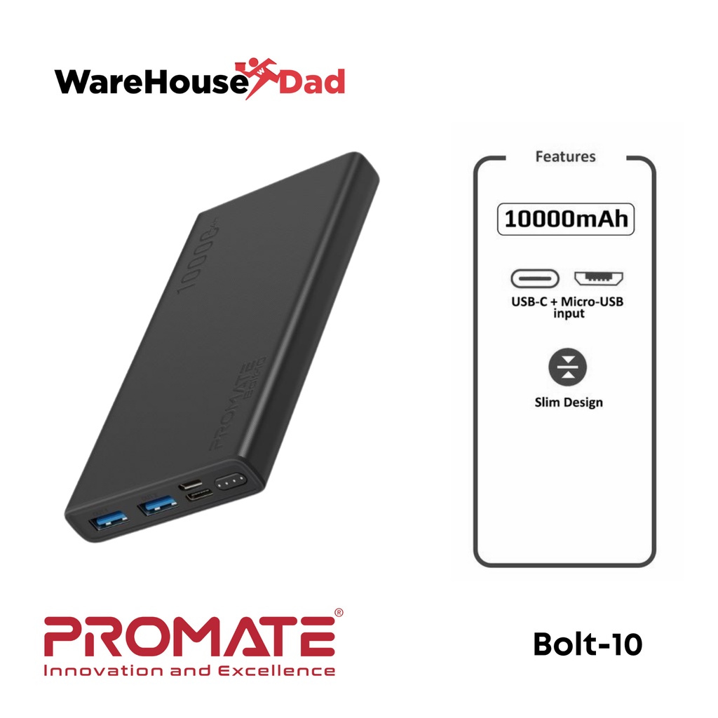 Promate Bolt-10 Compact Smart Charging Power Bank with Dual USB Output ...