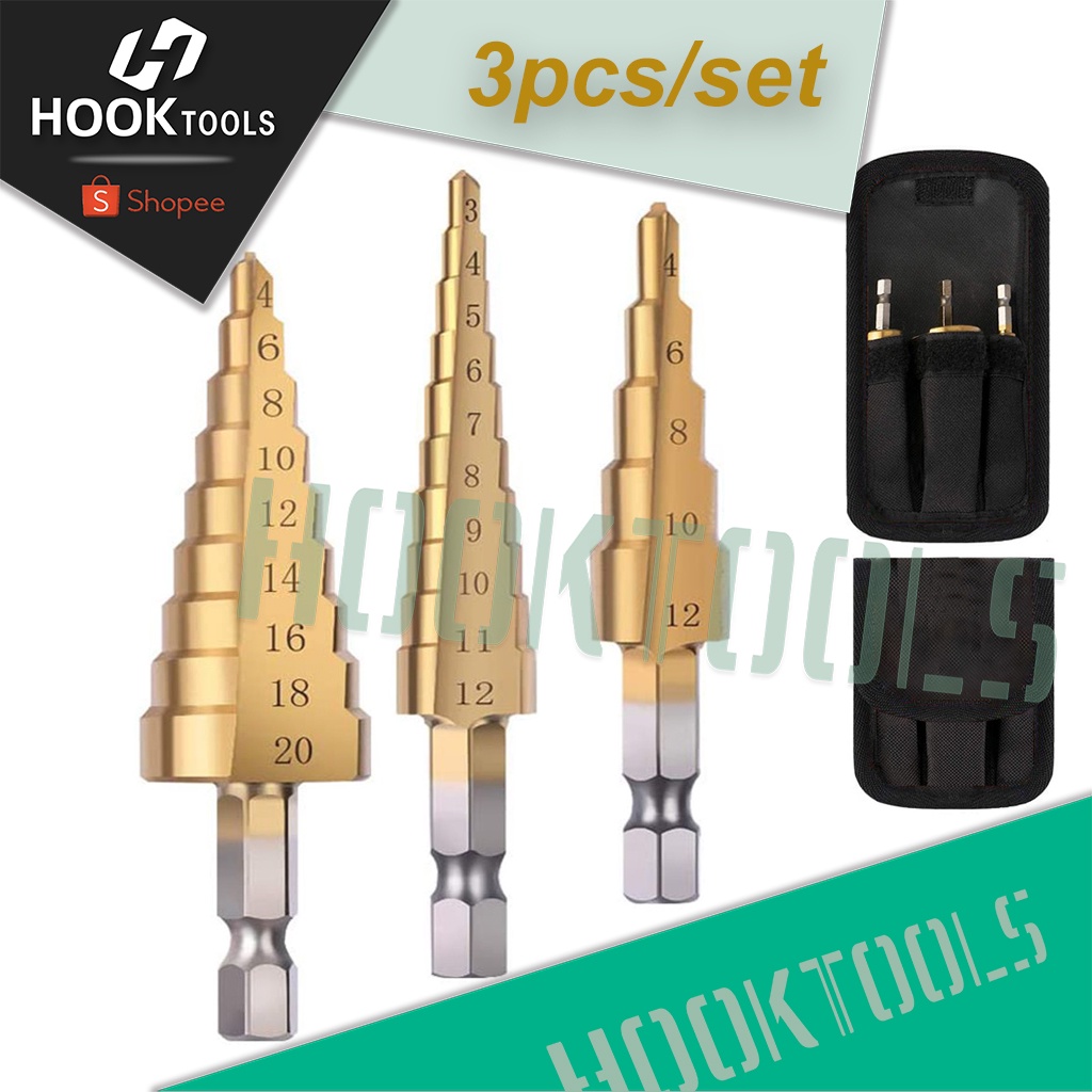 HOOK 3 pcs Drill Bit HSS High Speed Steel Titanium Hex Shank Step Drill ...