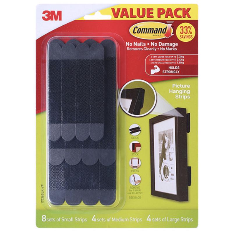Black 3M Command Picture Hanging Strips Small Medium Large Value Pack ...